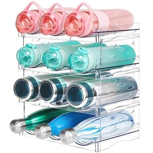 water bottle organizer for cabinet, stackable water bottle holder for kitchen pantry organization and storage, plastic wine rack, drink organizer for fridge, freezer -4 packs, hold 12 bottles, clear