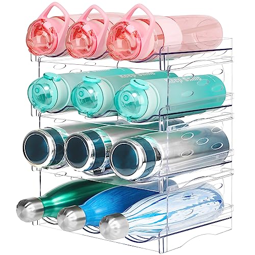 Water Bottle Organizer for Cabinet, Stackable Water Bottle Holder for Kitchen Pantry Organization and Storage, Plastic Wine Rack, Drink Organizer for Fridge, Freezer -4 Packs, Hold 12 Bottles, Clear