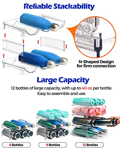 Water Bottle Organizer for Cabinet, Stackable Water Bottle Holder for Kitchen Pantry Organization and Storage, Plastic Wine Rack, Drink Organizer for Fridge, Freezer -4 Packs, Hold 12 Bottles, Clear