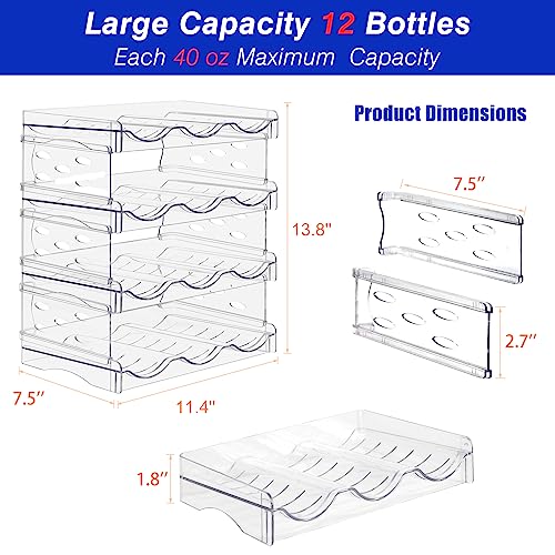 Water Bottle Organizer for Cabinet, Stackable Water Bottle Holder for Kitchen Pantry Organization and Storage, Plastic Wine Rack, Drink Organizer for Fridge, Freezer -4 Packs, Hold 12 Bottles, Clear