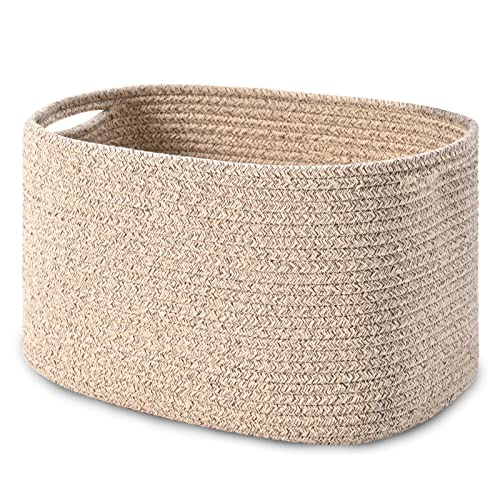 HOMHOLDON Cotton Rope Storage Baskets for Organizing, 15"x10"x9" Set of 1 Woven Basket for Storage, Shelf Basket Cube Storage Bins for Bathroom,Bedroom,Living Room,Laundry,Nursery Room,Clothes,Towels,Toys, Blanket(Brown)