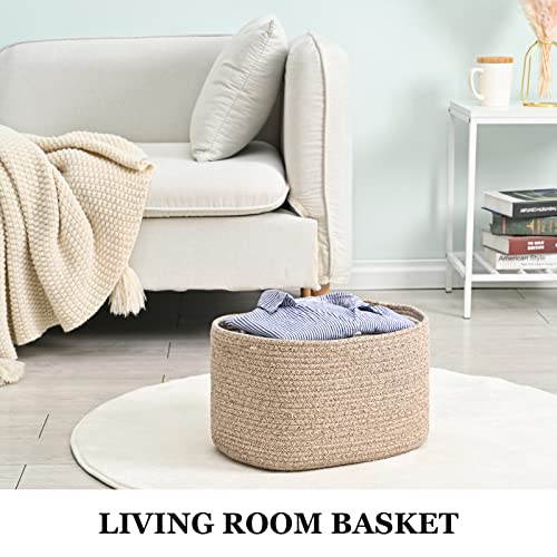 HOMHOLDON Cotton Rope Storage Baskets for Organizing, 15"x10"x9" Set of 1 Woven Basket for Storage, Shelf Basket Cube Storage Bins for Bathroom,Bedroom,Living Room,Laundry,Nursery Room,Clothes,Towels,Toys, Blanket(Brown)