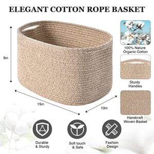 HOMHOLDON Cotton Rope Storage Baskets for Organizing, 15"x10"x9" Set of 1 Woven Basket for Storage, Shelf Basket Cube Storage Bins for Bathroom,Bedroom,Living Room,Laundry,Nursery Room,Clothes,Towels,Toys, Blanket(Brown)