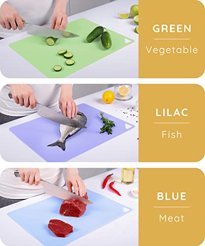 Extra Thin Flexible Cutting Boards for Kitchen - Cutting Mats for Cooking, Colored Cutting Mat Set with Easy-Grip Handles | Non Slip Cutting Sheets, Flexible Plastic Cutting Board Set of 3 (15"x12")