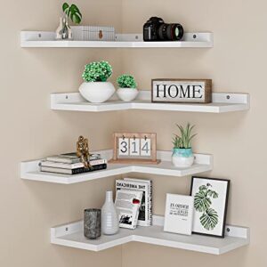 4 tier floating corner shelves white set of 4, rustic pine wooden floating corner wall shelf for wall décor storage, l shaped corner shelf wall mount for bedroom, living room, bathroom, kitchen.