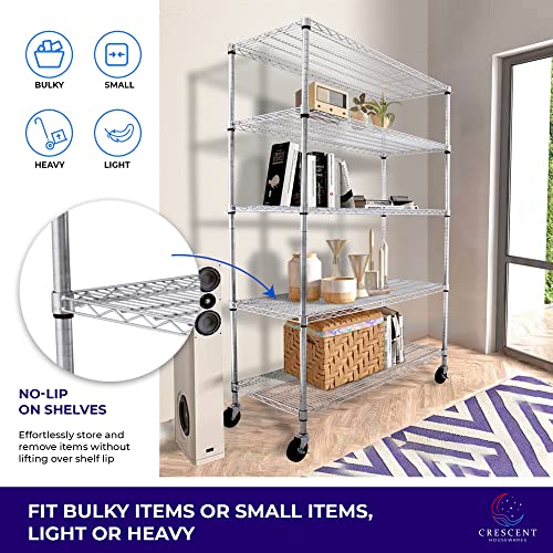 Crescent 4000 LBS 36L 18W 76H Chrome, 5 Tier Racks for Storage, Heavy Duty Wire Shelving Rack with 4" Casters