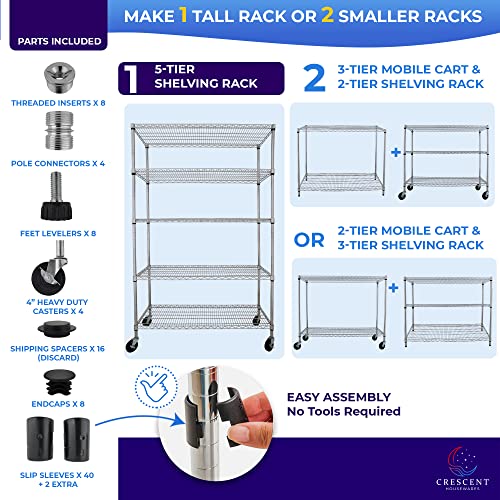 Crescent 4000 LBS 36L 18W 76H Chrome, 5 Tier Racks for Storage, Heavy Duty Wire Shelving Rack with 4" Casters