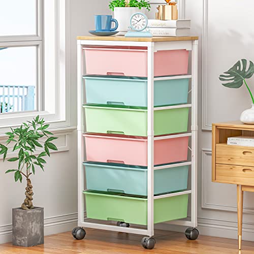 TOOLF Rolling Storage Cart with 6 Drawers, Wooden Tabletop, Easy Movement, Large Capacity, Durable Construction & Colorful Style in White Bar