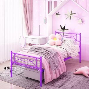 Purple Twin Bed Frames with Storage for Girls Adults Teens, Single Bed Metal Twin Size Beds, Twin Bed Frame No Box Spring Needed Twin Platform with Headboard for Students