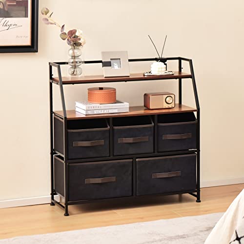 GOFLAME 5 Drawer Dresser with Shelves, Freestanding Fabric Dresser Organizer with Metal Frame, Anti-toppling Devices, Storage Tower Unit, Chest of Drawers for Living Room, Bedroom, Entryway