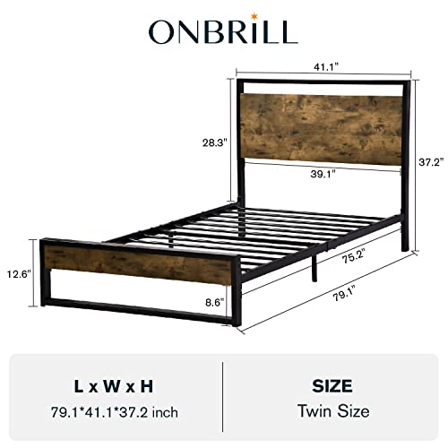 ONBRILL Twin Size Metal Bed Frame with Wooden Headboard and Footboard, Platform Bed with Under-Bed Storage, Noise-Free, No Box Spring Needed, Rustic Brown and Black