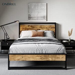 ONBRILL Twin Size Metal Bed Frame with Wooden Headboard and Footboard, Platform Bed with Under-Bed Storage, Noise-Free, No Box Spring Needed, Rustic Brown and Black