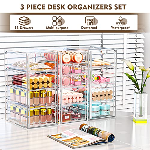 Desk Organizers And Accessories With 13 Drawers, Office Desktop Drawers, Plastic Makeup Organizer Containers Bins With Drawers Desk Organization, Bathroom Organizers Storage Case Box Cube, Pack of 3