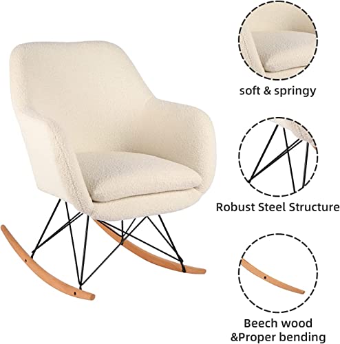 Rongbuk Modern Velvet Rocking Chair,Upholstered Rocker Glider Chair with High Backrest and Armrests,Small Accent Chair for Nursery,Living Room,Bedroom,White