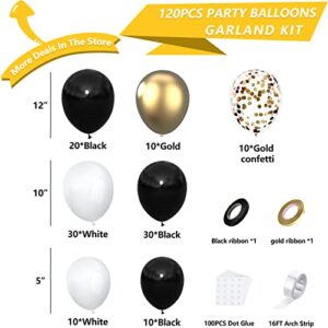 NISOCY Black and Gold Balloons Garland Arch Kit, 120 PCS 12in 10in 5in Metallic Gold Black White and Confetti Balloons for Graduation, Birthday, Wedding, Anniversary, Celebrations, Party Decoration