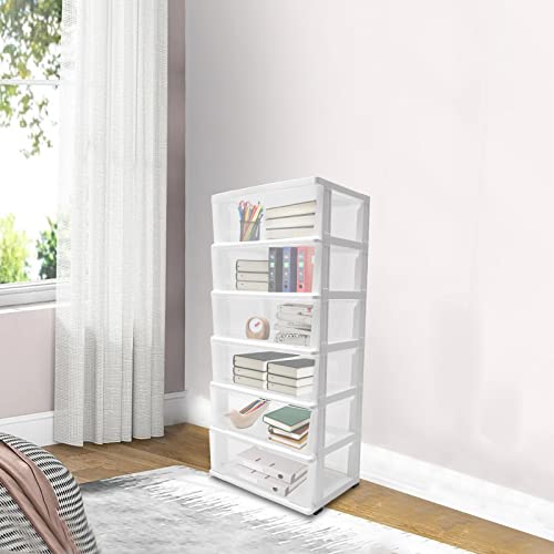 6-Layer Rolling Storage Cart and Organizer Plastic Drawer Cabinet Shelf with Wheels Transparent Drawers Mobile Storage Rack Tower for Offices Hallway Closet Kitchen 19.7x13x43in (White)