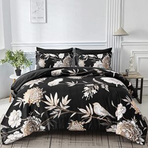 black floral comforter set queen size 7 pieces bed in a bag, flower and birds printed on black bedding set botanical pattern comforter and sheet set,soft microfiber complete bedding for all season