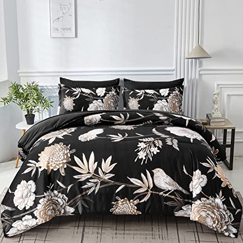 Black Floral Comforter Set Queen Size 7 Pieces Bed in a Bag, Flower and Birds Printed on Black Bedding Set Botanical Pattern Comforter and Sheet Set,Soft Microfiber Complete Bedding for All Season