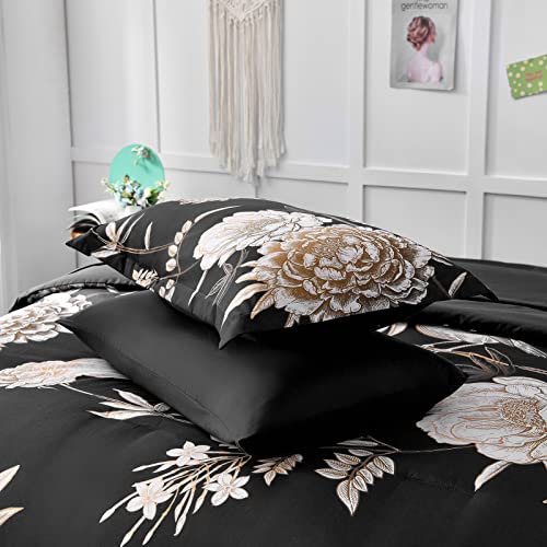 Black Floral Comforter Set Queen Size 7 Pieces Bed in a Bag, Flower and Birds Printed on Black Bedding Set Botanical Pattern Comforter and Sheet Set,Soft Microfiber Complete Bedding for All Season