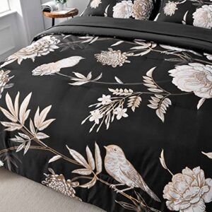 Black Floral Comforter Set Queen Size 7 Pieces Bed in a Bag, Flower and Birds Printed on Black Bedding Set Botanical Pattern Comforter and Sheet Set,Soft Microfiber Complete Bedding for All Season