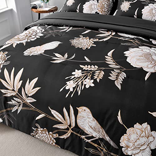 Black Floral Comforter Set Queen Size 7 Pieces Bed in a Bag, Flower and Birds Printed on Black Bedding Set Botanical Pattern Comforter and Sheet Set,Soft Microfiber Complete Bedding for All Season