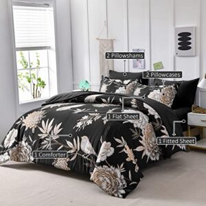 Black Floral Comforter Set Queen Size 7 Pieces Bed in a Bag, Flower and Birds Printed on Black Bedding Set Botanical Pattern Comforter and Sheet Set,Soft Microfiber Complete Bedding for All Season