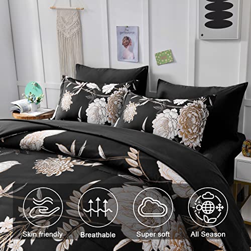 Black Floral Comforter Set Queen Size 7 Pieces Bed in a Bag, Flower and Birds Printed on Black Bedding Set Botanical Pattern Comforter and Sheet Set,Soft Microfiber Complete Bedding for All Season