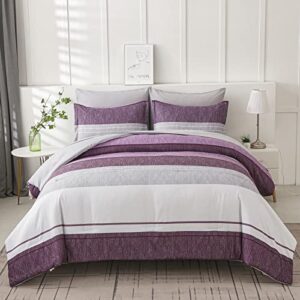 flymme striped patchwork bed in a bag 7 pieces,purple white grey stripe pattern full size comforter set with sheets, soft lightweight bedding sets collections for all season (purple 80''x 90'')