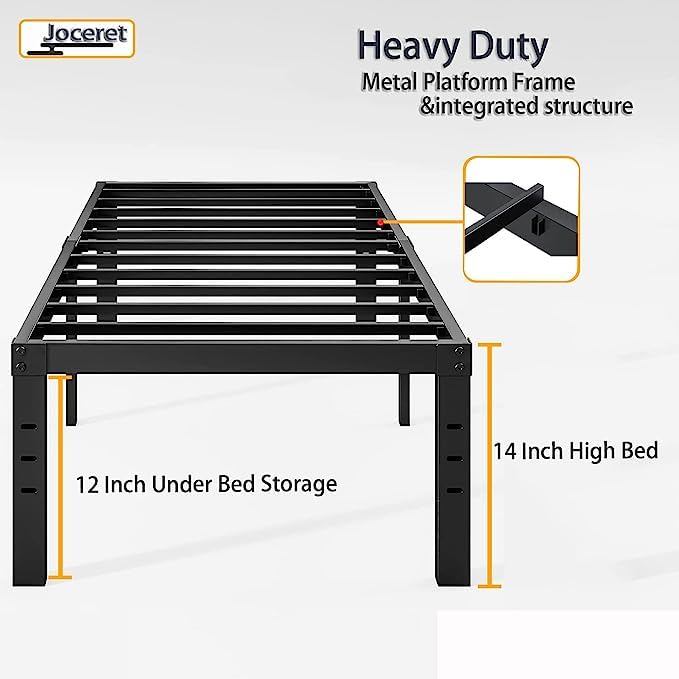 Joceret Twin XL 14 Inch Metal Bed Frame with Sturdy, Heavy Duty,Stable Structure,Easy Assembly,Bedroom,Guest Room,No Box Spring Needed, Iron,Child,Black