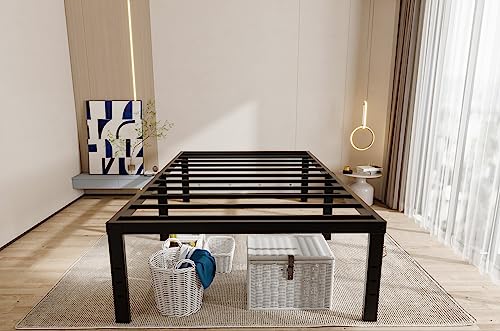 Joceret Twin XL 14 Inch Metal Bed Frame with Sturdy, Heavy Duty,Stable Structure,Easy Assembly,Bedroom,Guest Room,No Box Spring Needed, Iron,Child,Black