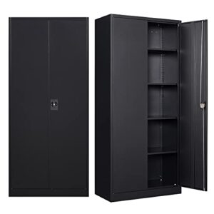 bynsoe 71" metal storage locker metal garage locker cabinets with locking door and 4 adjustable shelves, steel classic storage cabinet for home, school, office, garage (black-style 1)