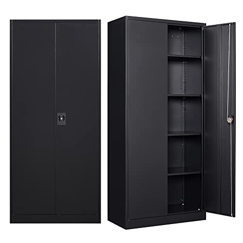 BYNSOE 71" Metal Storage Locker Metal Garage Locker Cabinets with Locking Door and 4 Adjustable Shelves, Steel Classic Storage Cabinet for Home, School, Office, Garage (Black-Style 1)