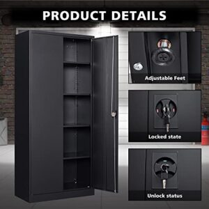 BYNSOE 71" Metal Storage Locker Metal Garage Locker Cabinets with Locking Door and 4 Adjustable Shelves, Steel Classic Storage Cabinet for Home, School, Office, Garage (Black-Style 1)