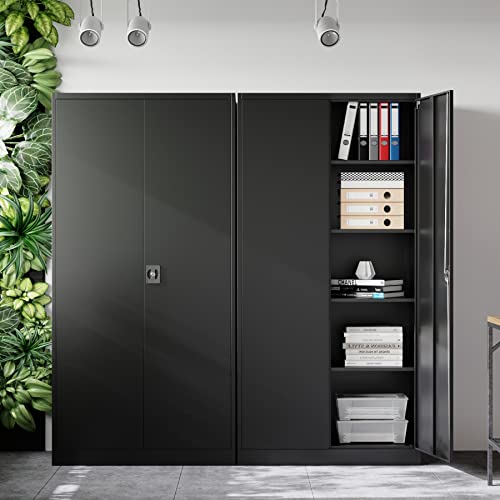 BYNSOE 71" Metal Storage Locker Metal Garage Locker Cabinets with Locking Door and 4 Adjustable Shelves, Steel Classic Storage Cabinet for Home, School, Office, Garage (Black-Style 1)