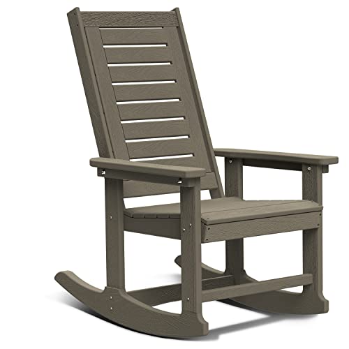 BRIOPAWS Patio Rocking Chair Wood Grain, All-Weather Oversized Outdoor Rocker, HDPE Plastic Wood Texture Rocking Chairs w/High Back for Front Porch Outside Indoor Living Room Backyard Balcony