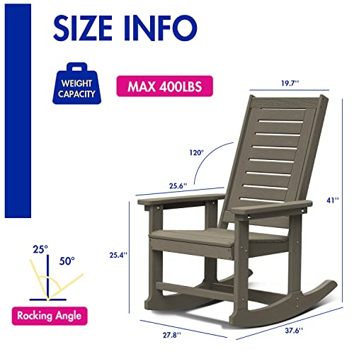 BRIOPAWS Patio Rocking Chair Wood Grain, All-Weather Oversized Outdoor Rocker, HDPE Plastic Wood Texture Rocking Chairs w/High Back for Front Porch Outside Indoor Living Room Backyard Balcony