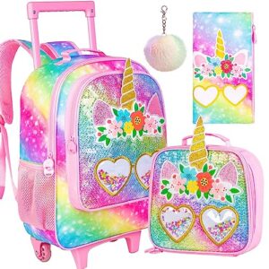 zlyert 3pcs rolling backpack for girls, unicorn roller school bag with wheels for kids, wheeled bookbag with lunch box for children - pink