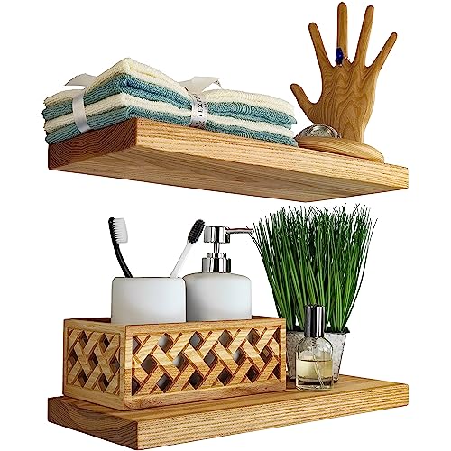 Wood Floating Shelves, 100% Ash Wood, Set of 2-Rustic Shelf 15.7" Wide Wooden Wall Shelves, Made in Europe, for Living Room Bedroom Kitchen Bathroom Farmhouse, Natural Color, 15.7"x 6.2"