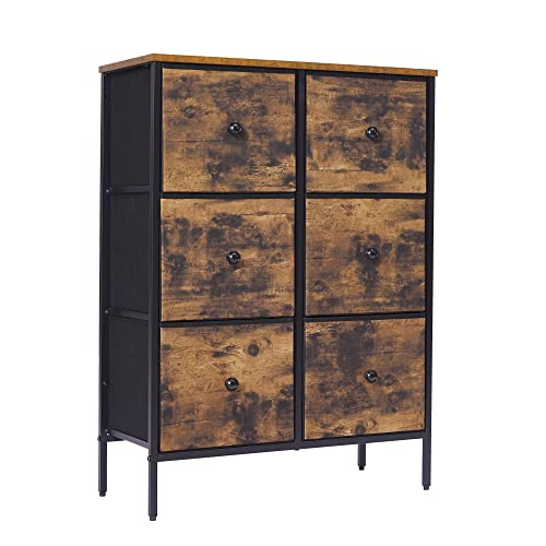 DOVAMY 6 Drawer Dresser for Bedroom, Fabric Dresser Organizer, Tall Dresser with Vintage Wooden Top, Steel Frame, Chest of Drawers, Closet, Nursery and Living Room, Rustic Brown