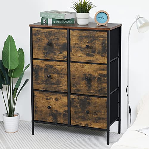 DOVAMY 6 Drawer Dresser for Bedroom, Fabric Dresser Organizer, Tall Dresser with Vintage Wooden Top, Steel Frame, Chest of Drawers, Closet, Nursery and Living Room, Rustic Brown