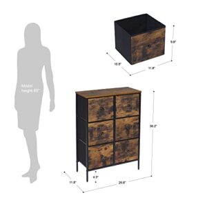 DOVAMY 6 Drawer Dresser for Bedroom, Fabric Dresser Organizer, Tall Dresser with Vintage Wooden Top, Steel Frame, Chest of Drawers, Closet, Nursery and Living Room, Rustic Brown