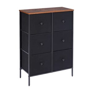 DOVAMY 6 Drawer Dresser for Bedroom, Fabric Dresser Organizer, Tall Dresser with Vintage Wooden Top, Steel Frame, Chest of Drawers, Closet, Nursery and Living Room, Black