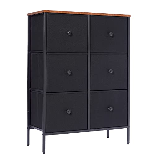 DOVAMY 6 Drawer Dresser for Bedroom, Fabric Dresser Organizer, Tall Dresser with Vintage Wooden Top, Steel Frame, Chest of Drawers, Closet, Nursery and Living Room, Black