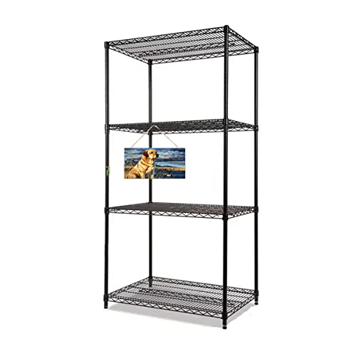 GOYUWEN 4-Shelf Storage Rack Adjustable and 1 Wood Pendant Painting, Heavy Duty Storage Shelving Unit with 350 lbs Loading Capacity, Steel Organizer Wire Rack(Black, 4-Shelf 22"x47"x13.8")