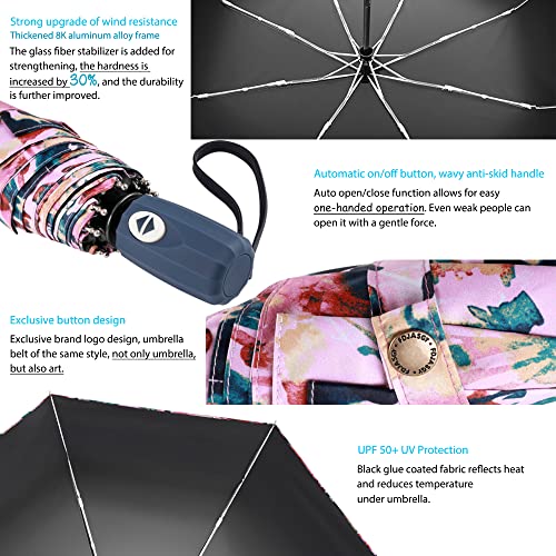 FDJASGY UV Sun Umbrella Compact Folding Travel Umbrella Auto Open Close Compact Folding Rain Umbrellas for Women Men Blocking UV 99.98% Hibiscus