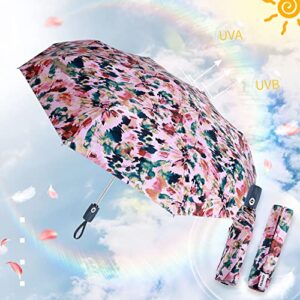 FDJASGY UV Sun Umbrella Compact Folding Travel Umbrella Auto Open Close Compact Folding Rain Umbrellas for Women Men Blocking UV 99.98% Hibiscus