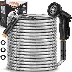 tuzoc metal garden hose 100ft, stainless steel heavy duty water hose with 10 function nozzle, no-tangle & no-kink, tough & flexible, durable and lightweight, rust proof hose for yard, outdoor, rv