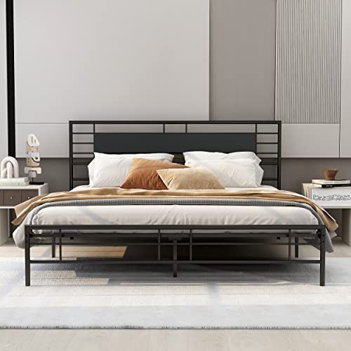 NNV Metal King Size Platform Bed Frame with Headboard and Footboard Under Storage Steel Slat Size Mattress Foundation Black