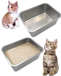 vcepjh 2 pcs stainless steel litter box for cats metal litter pan with high sides odor control non stick easy to clean rustproof (15.7'' x 11.8'' x 5.9'')