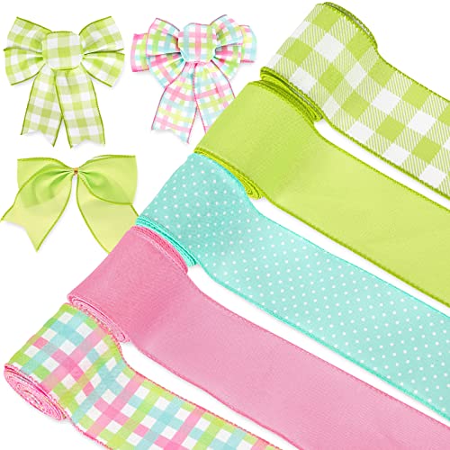 AnyDesign Spring Wired Edge Ribbon 30 Yards Pastel Pink Green Blue Craft Fabric Ribbon Decorative Plaids Dots Patterned Ribbon for Spring Easter Wreath Bow Making DIY Crafts Wrapping Supplies, 5 Roll